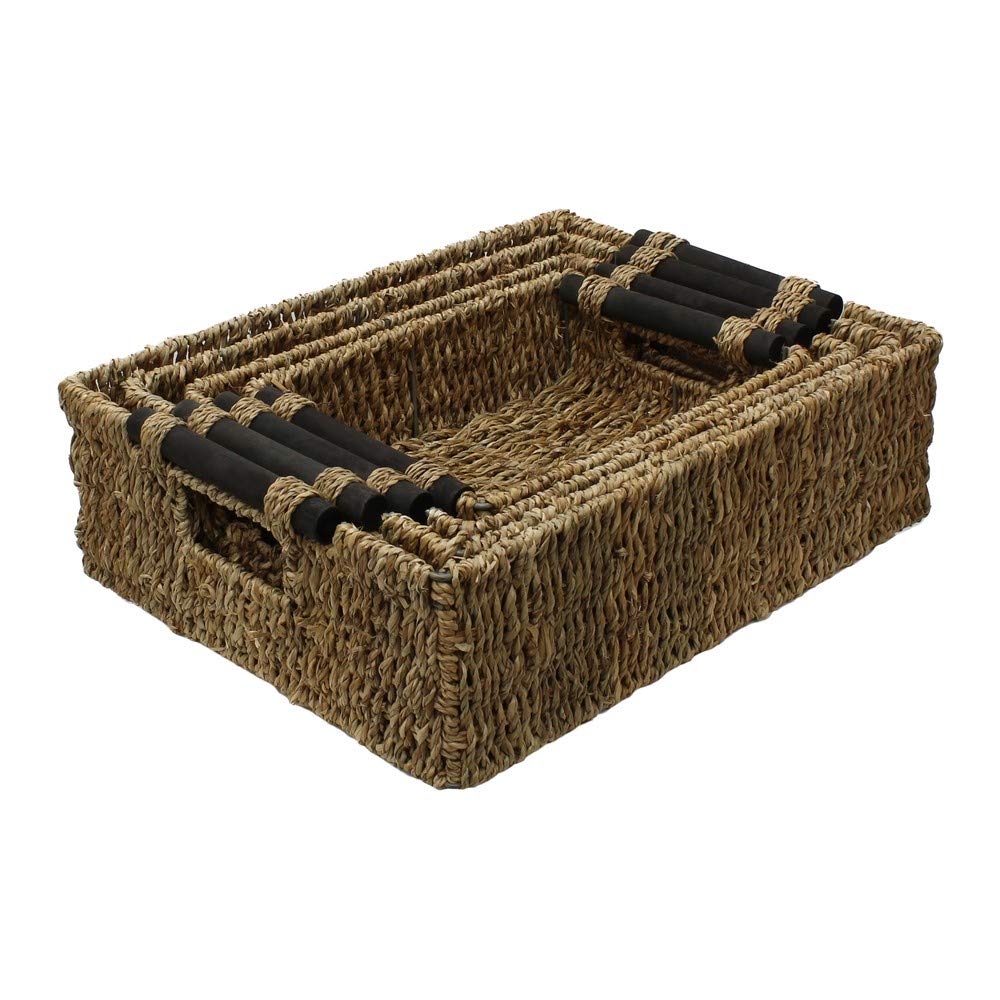 JVL Seagrass Rectangular Storage Baskets with Wood Handles, Set of 4 – BigaMart