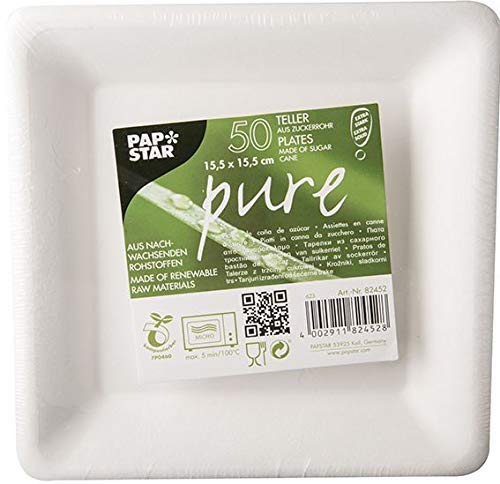 Papstar 82452 Sugar Cane Plates Square 15.5 x 15.5 cm White – BigaMart