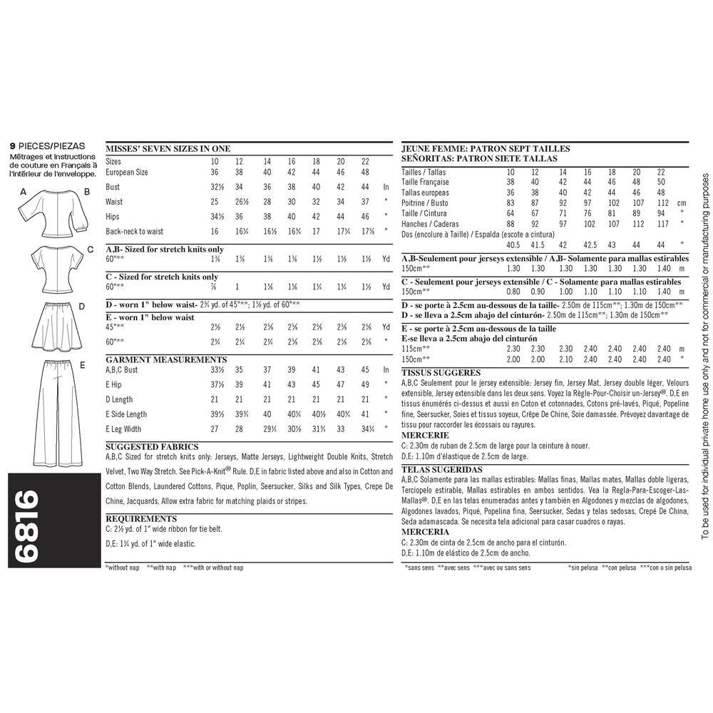New Look Sewing Pattern 6816: Misses Separates, Size A, A (A (10-12-14 ...