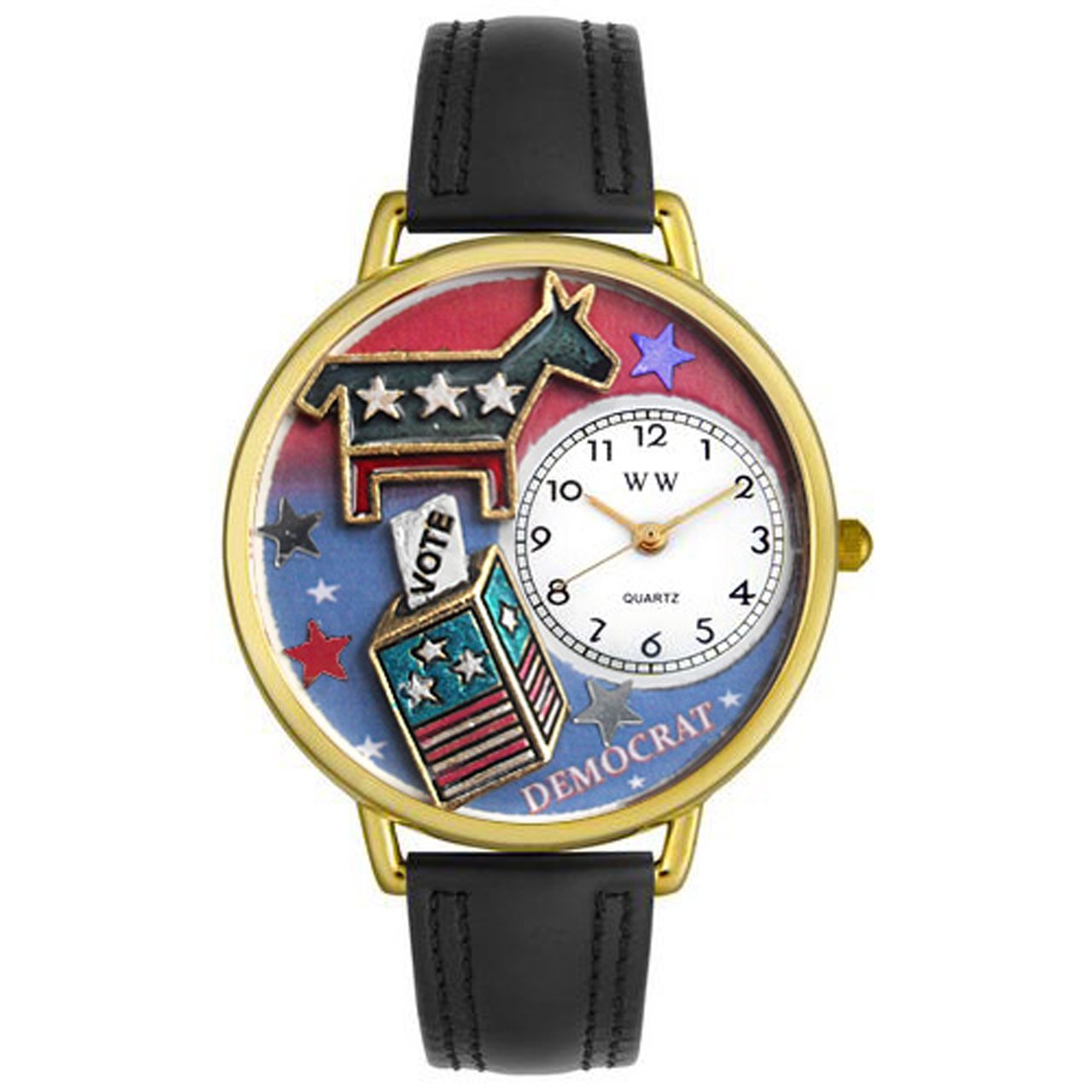 Whimsical Watches Democrat Black Leather and Goldtone Unisex Quartz ...