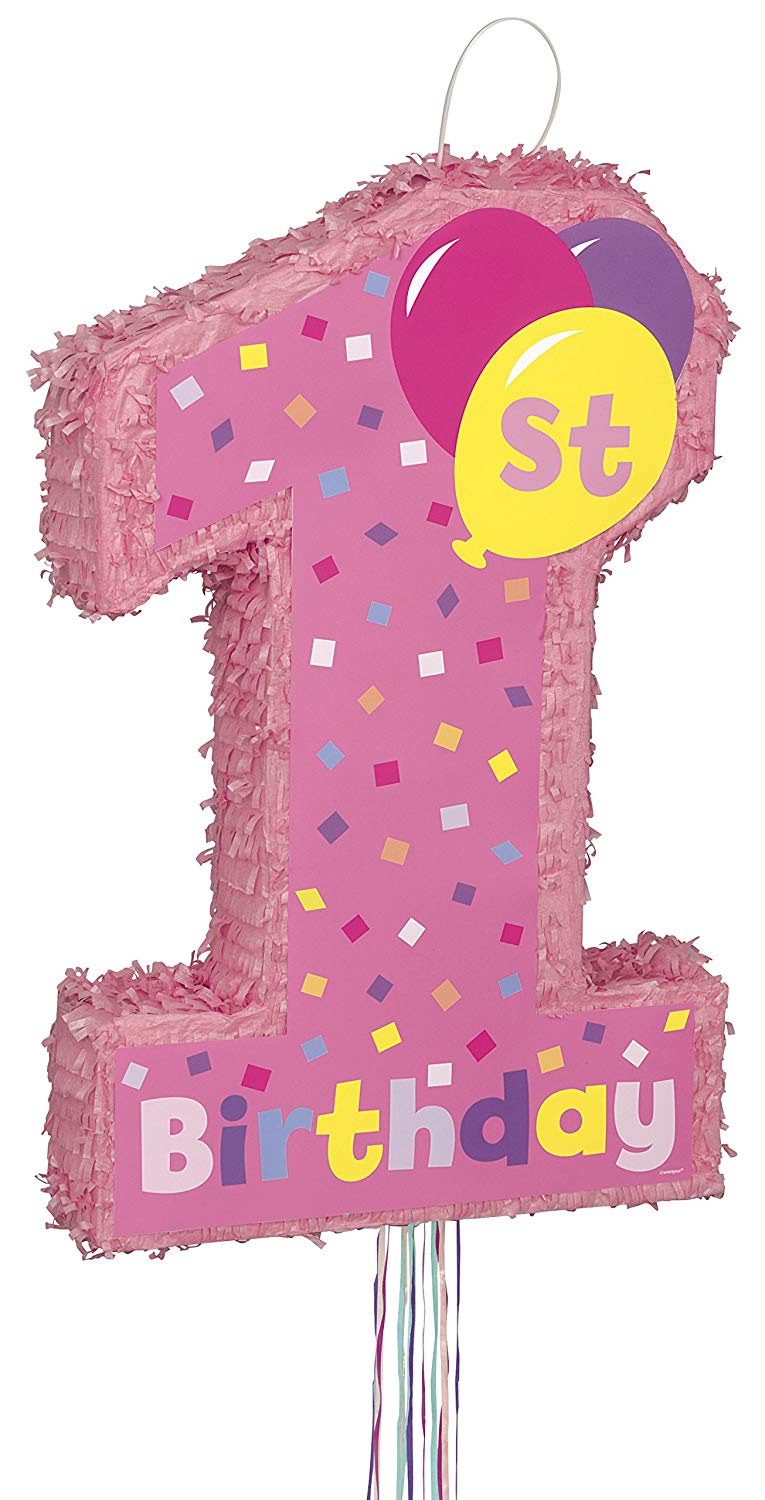 Unique Party 66306 – Pink 1st Birthday Pinata, Pull String – BigaMart