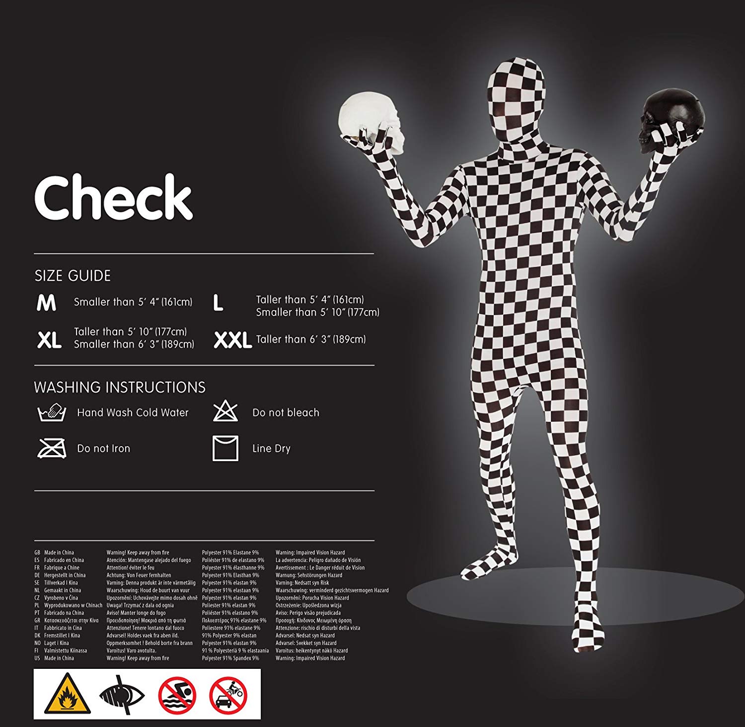 Black and White Check Morphsuit Fancy Dress Costume – size Large – 5”5 ...