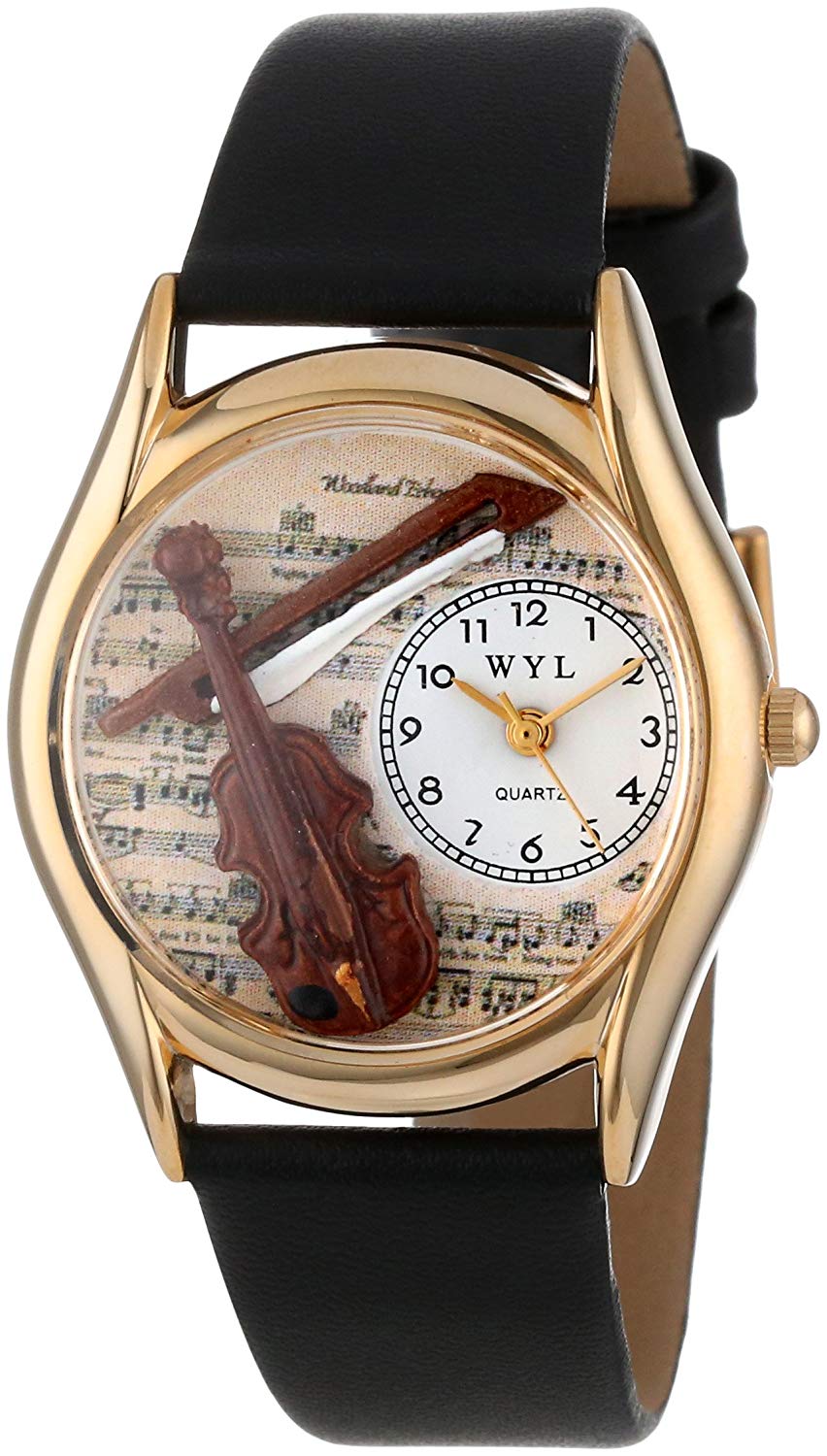 Whimsical Watches Violin Black Leather and Goldtone Unisex Quartz Watch ...