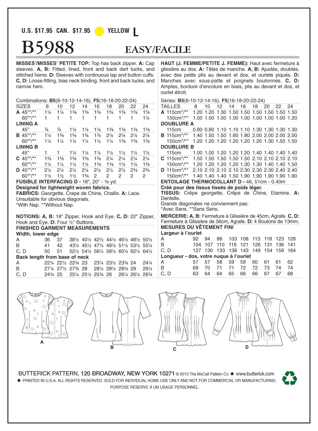 Butterick Patterns 5988 F5 16/18/ 20/22/ 24 Sewing Patterns, Multi ...