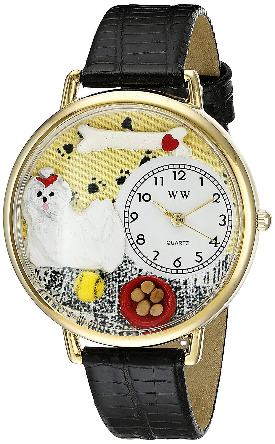 Whimsical Watches Maltese Black Skin Leather and Goldtone Unisex Quartz ...