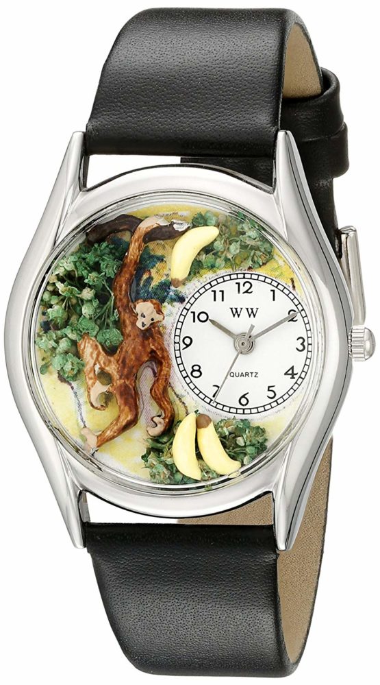 Whimsical Watches Monkey Black Leather and Silvertone Unisex Quartz ...