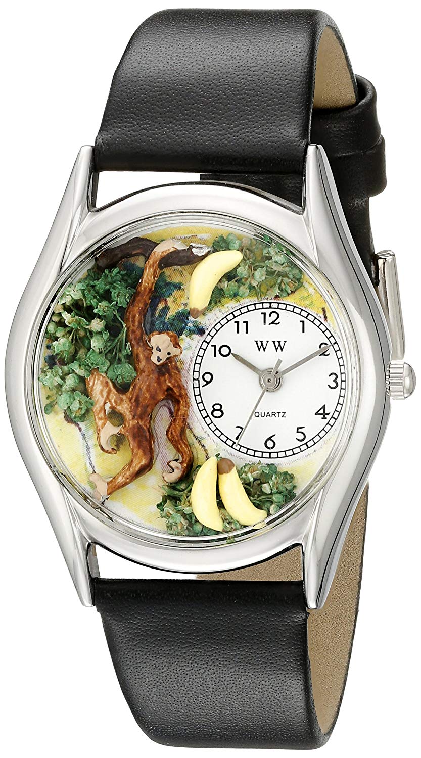 Whimsical Watches Monkey Black Leather and Silvertone Unisex Quartz ...