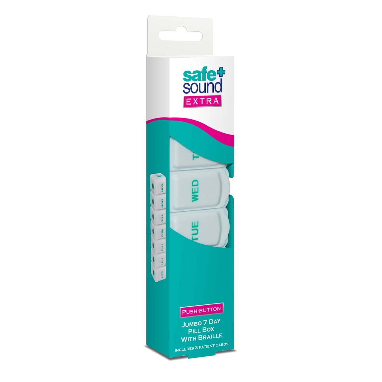 Safe and Sound Jumbo Sized 7 Day Pill Box, Push-button Easy-open Lids ...