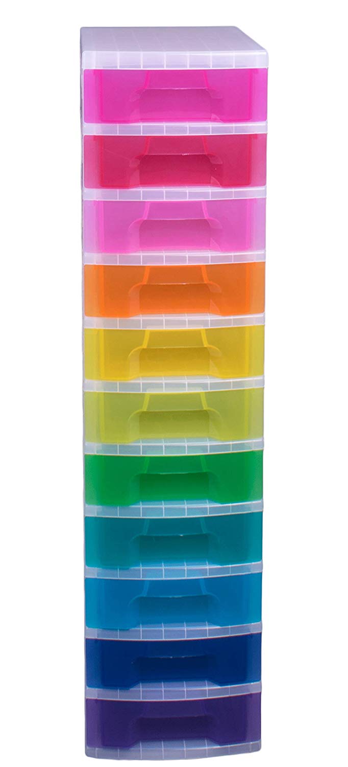 Really Useful 11 x 7 Litre Storage Tower Drawers, Clear Frame/Rainbow ...