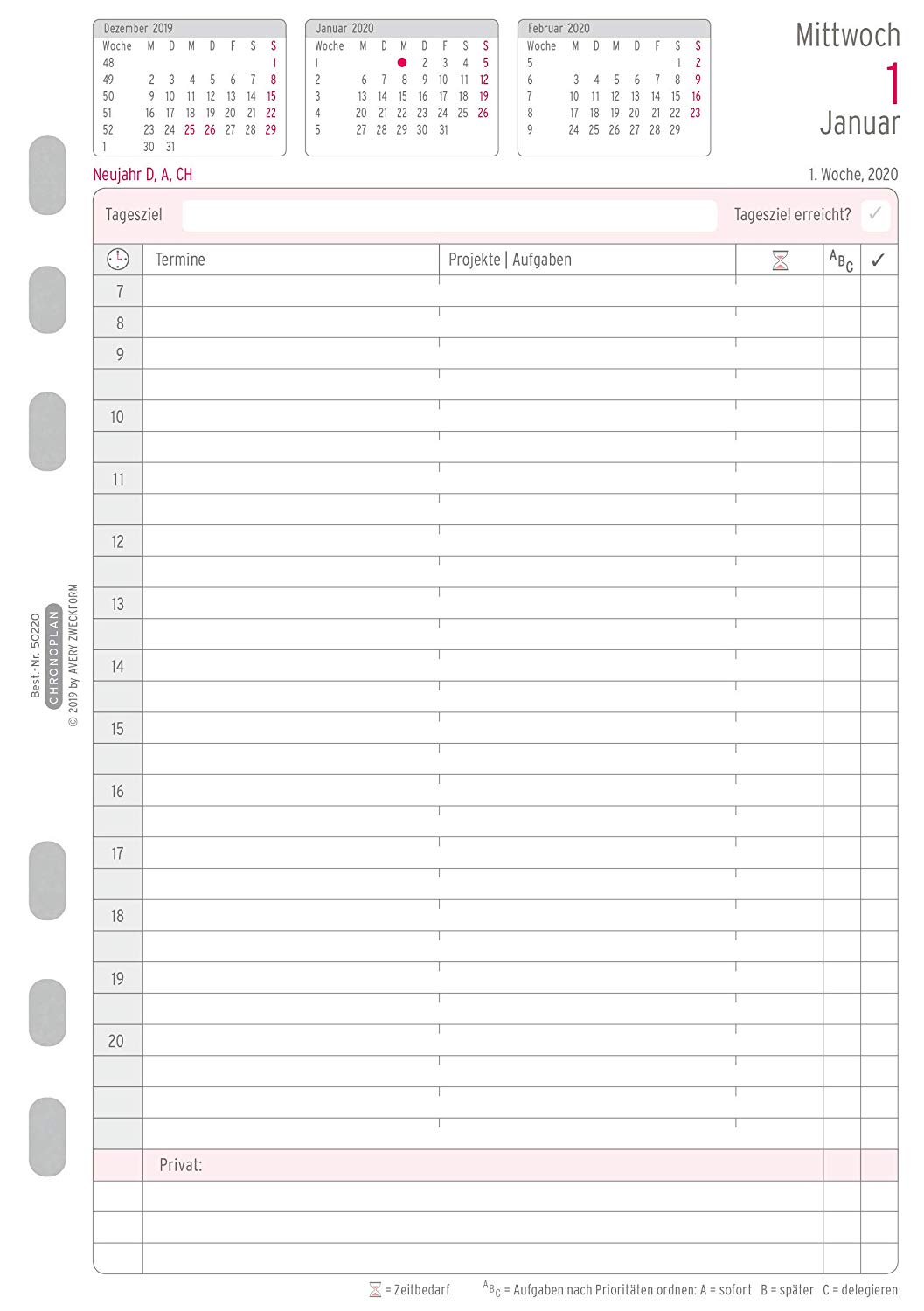 Chronoplan 50220 Calendar Insert 2020 (Daily Plan A5 (148 x 210 mm ...