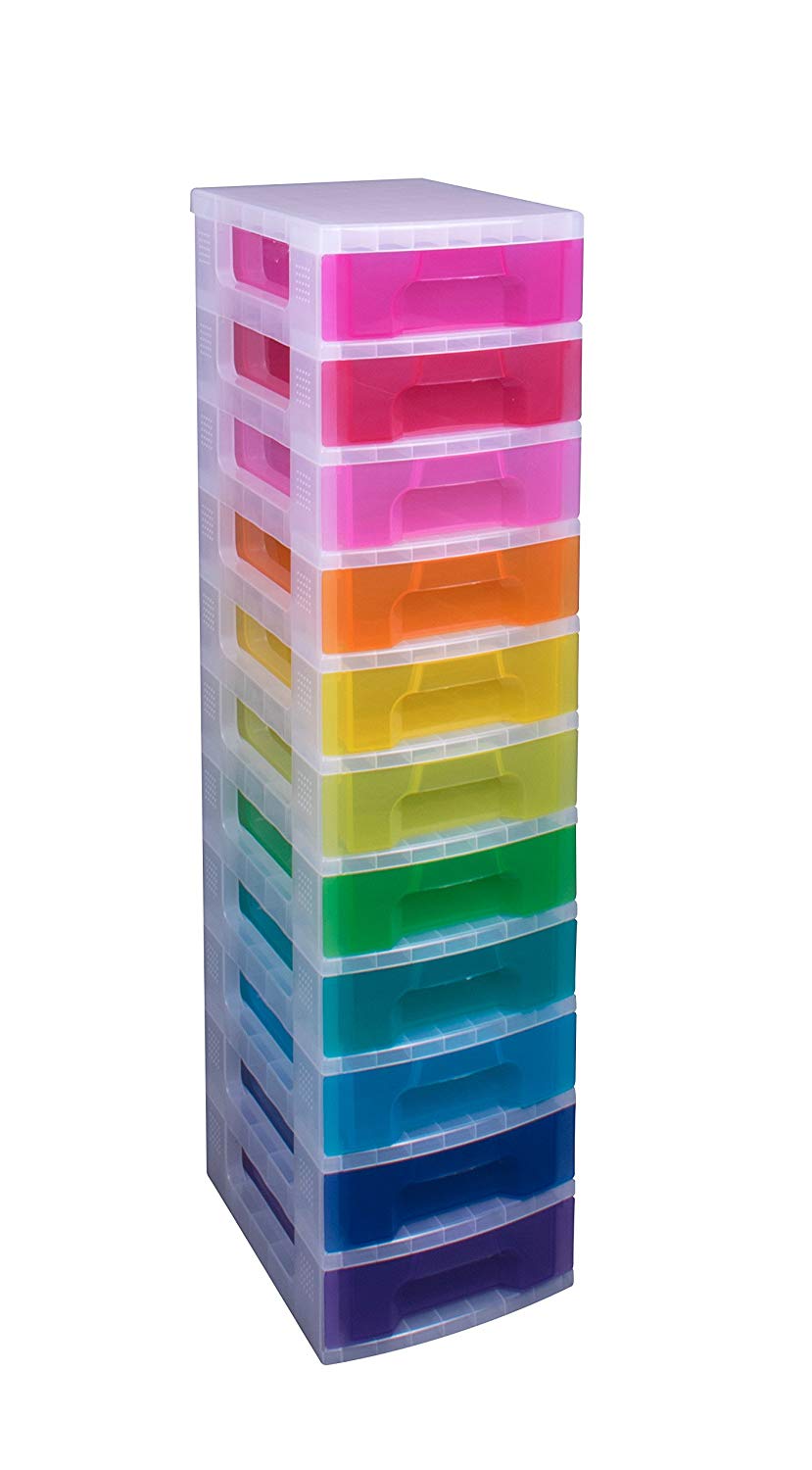 Really Useful 11 x 7 Litre Storage Tower Drawers, Clear Frame/Rainbow ...
