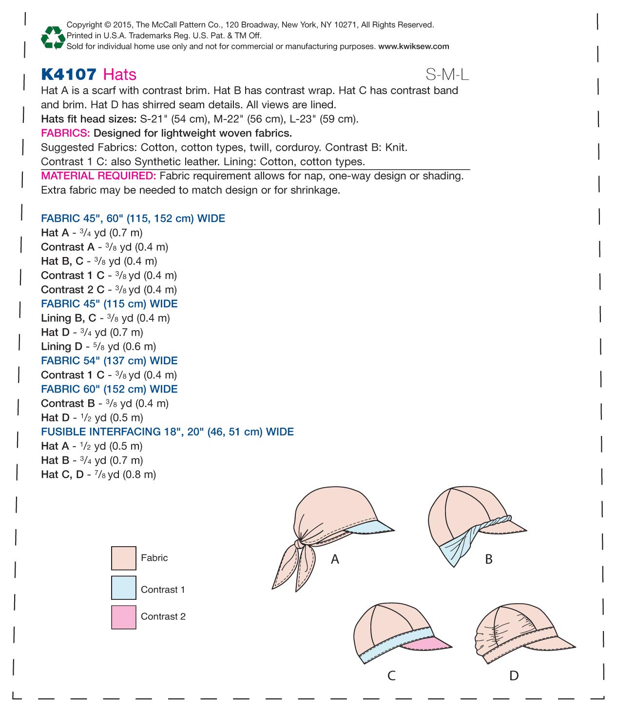 Kwik Sew Patterns K4107 OS,Hats,Sizes S-M-L, One Envelope – BigaMart