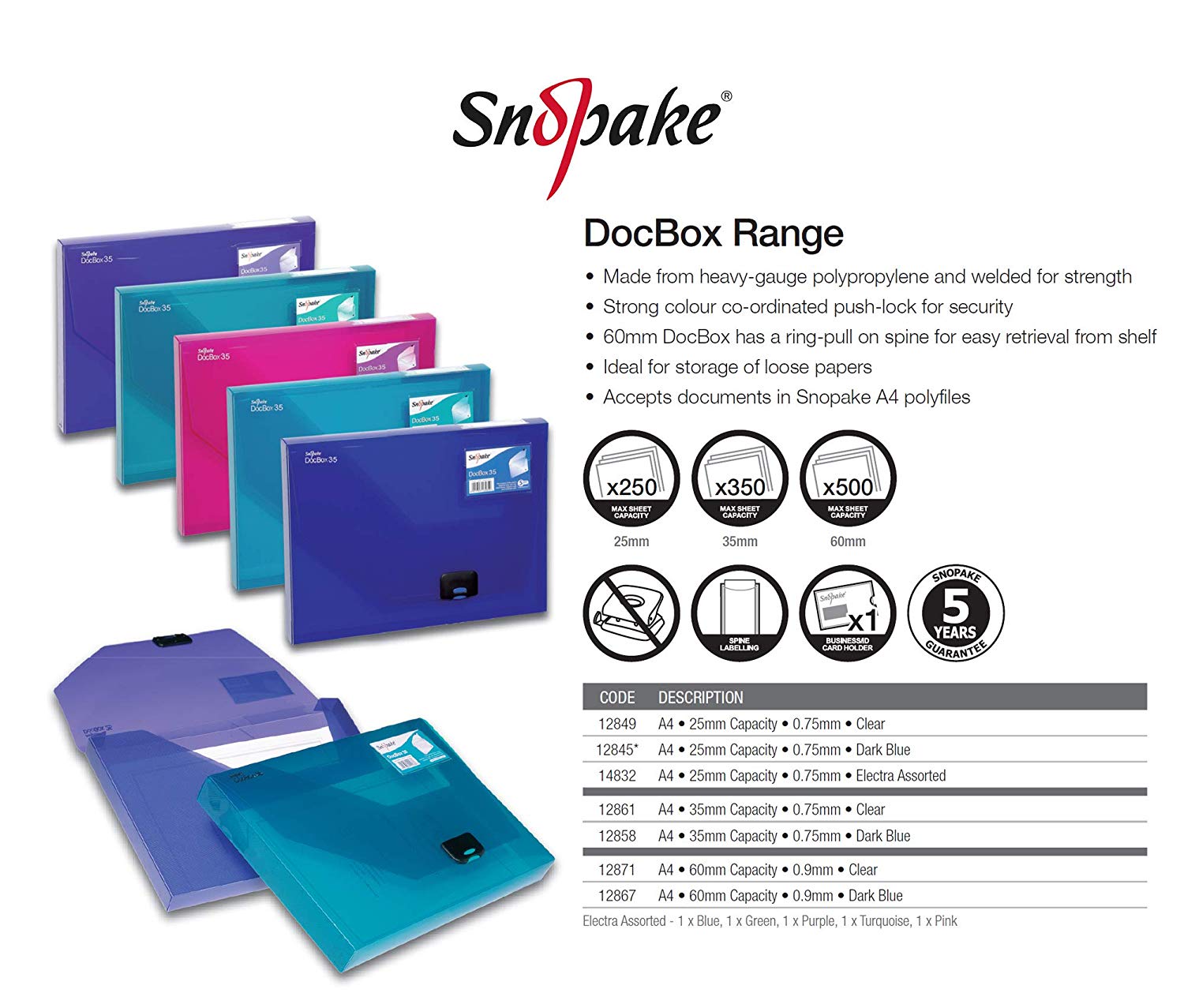 Snopake A4 DocBox Electra Assorted 25 mm Box File with Push Lock (Pack ...