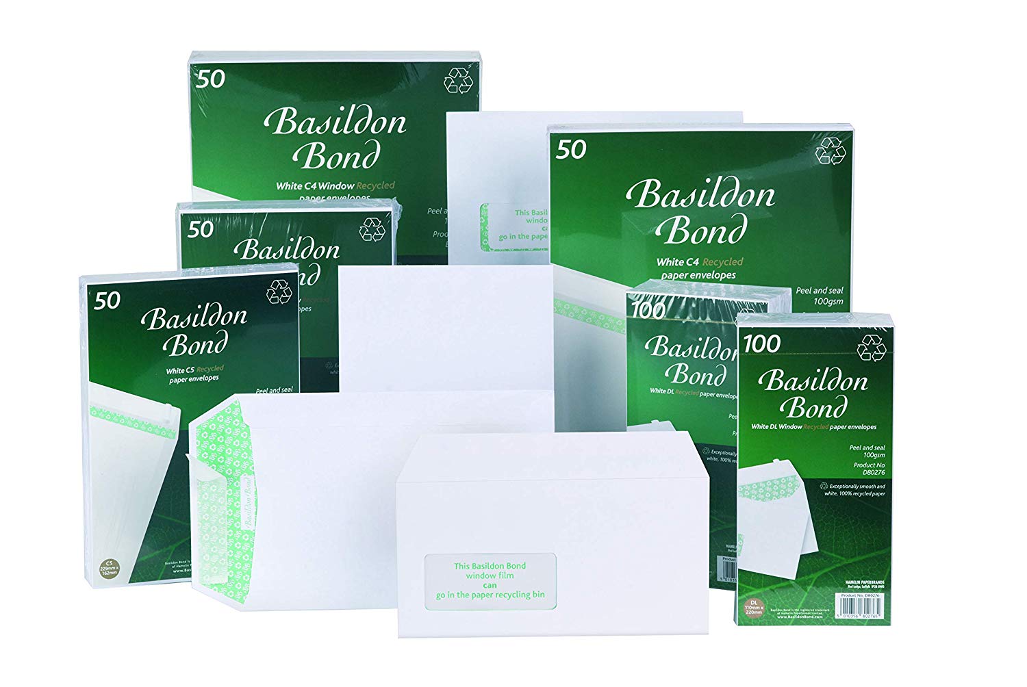 Basildon Bond DL Recycled White 120gsm Window Peel & Seal Wallet, Pack ...