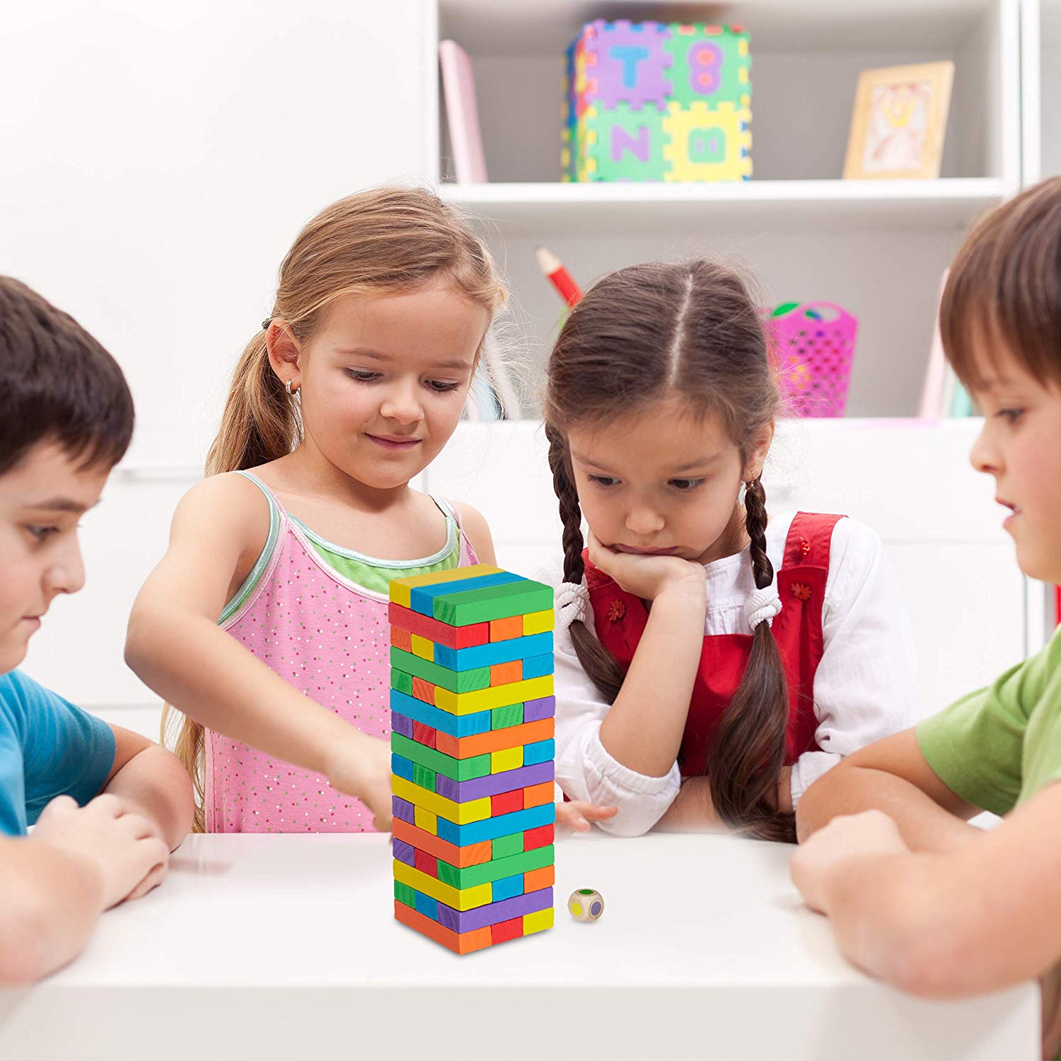 Relaxdays Wooden Stacking Tower, Wobbly, 48 Building Bricks to Stack ...
