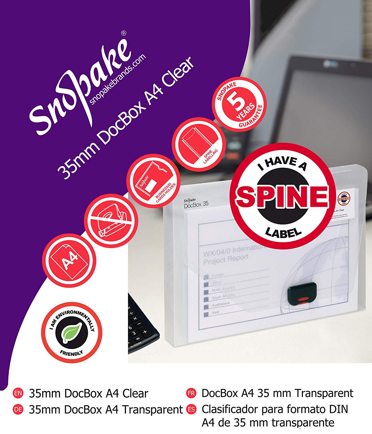 Snopake A4 DocBox Clear 35 mm Box File with Push Lock (Pack of 1) Ref ...