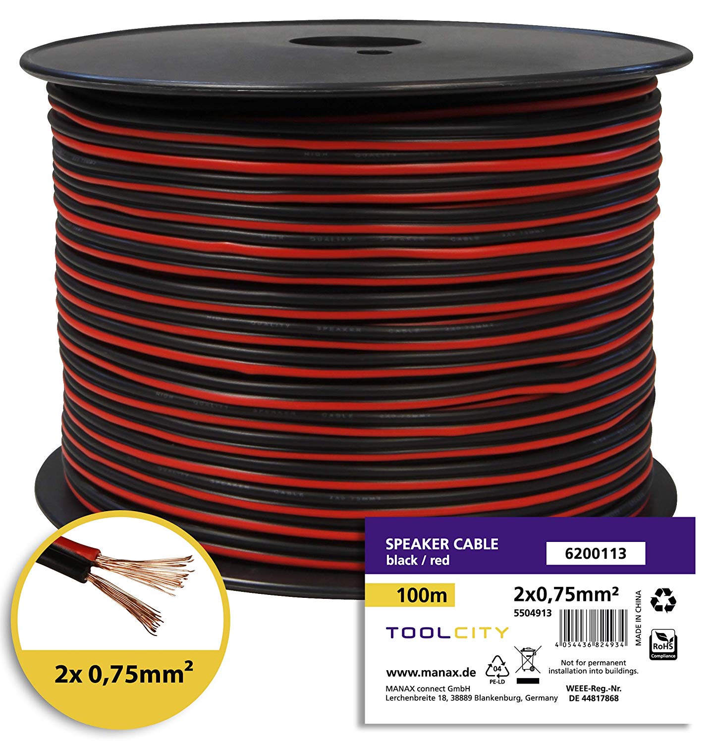 Toolcity Speaker Cable Twin Wire 2×0.75 mm2 (Box Cable/Audio Cable) 100 ...