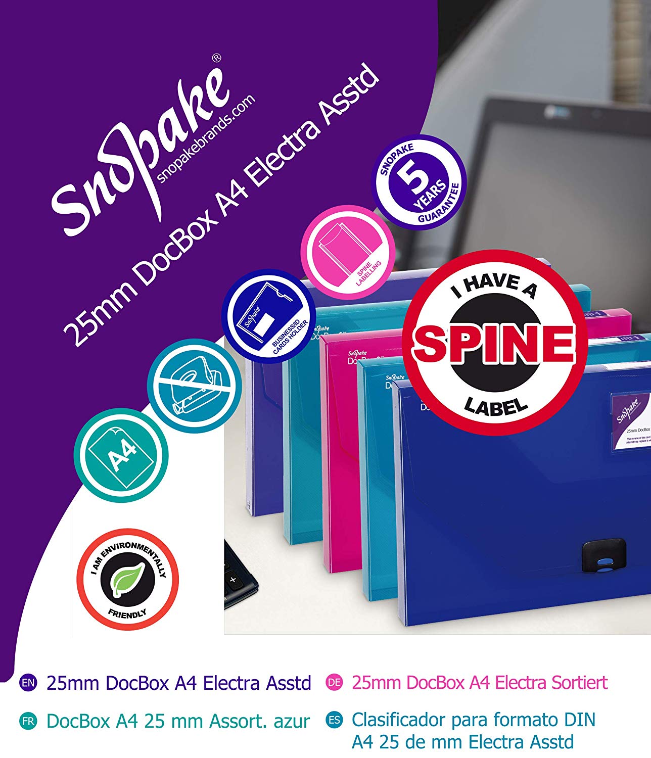 Snopake A4 DocBox Electra Assorted 25 mm Box File with Push Lock (Pack ...