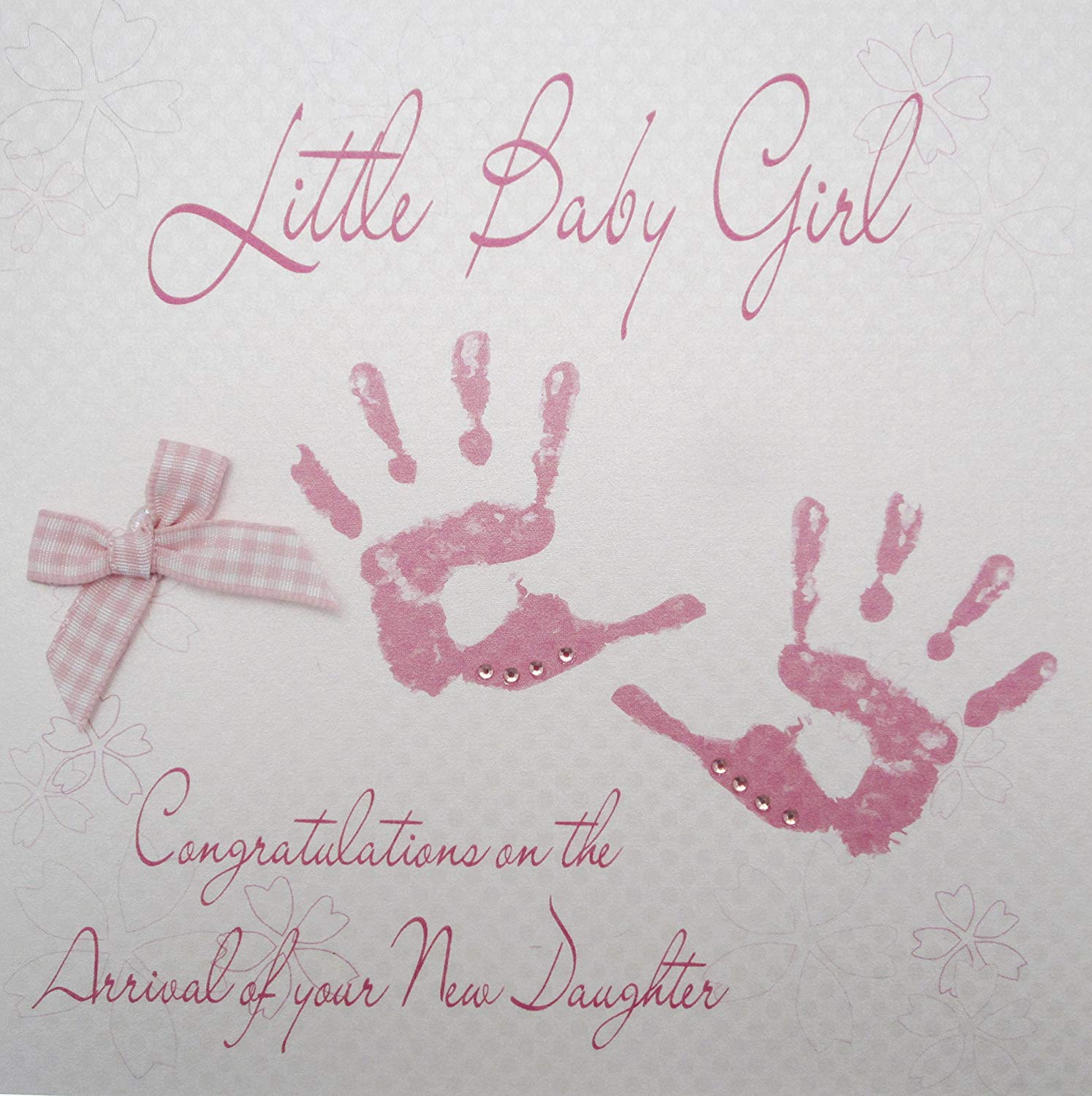 White Cotton Cards Pink Handprints Little Baby Girl Congratulations On ...