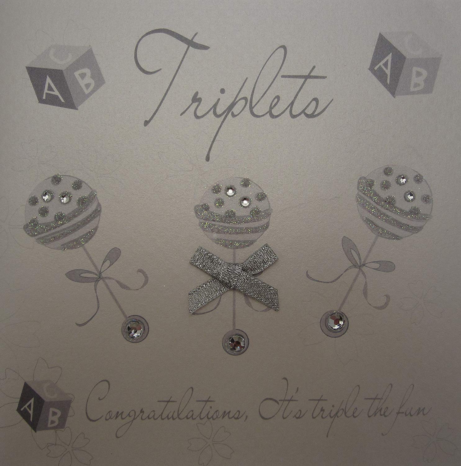WHITE COTTON CARDS Silver Rattles Triplets Congratulations It’s Triple ...