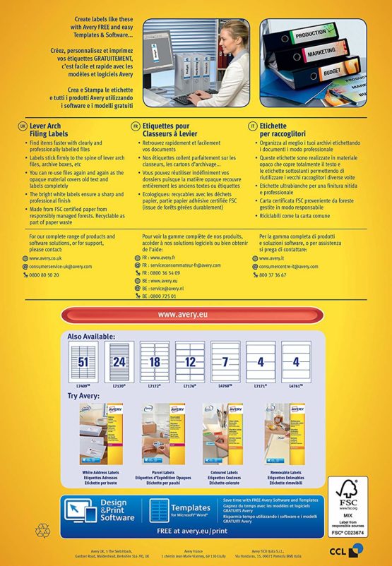 Avery L7171-100 Self-Adhesive Lever Arch File Labels, 4 Labels Per A4 ...