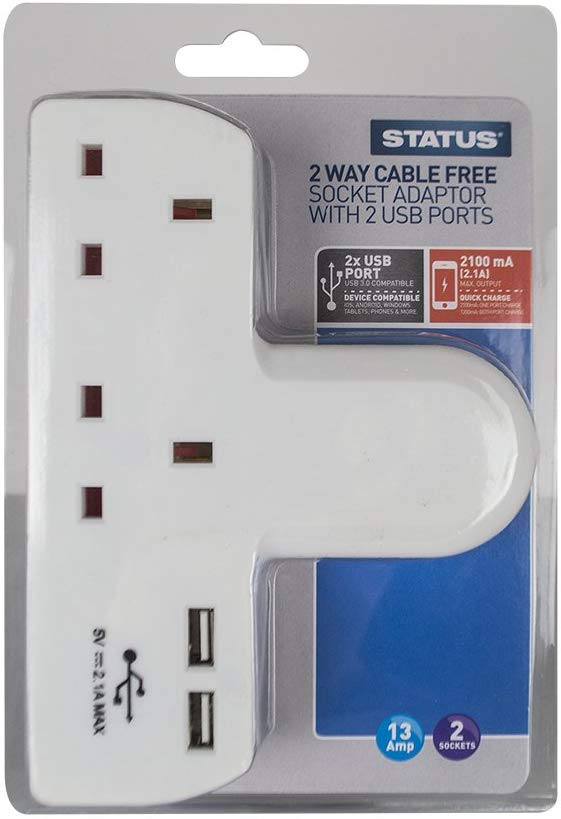 Status 2-Way 240 V Cable-Free Socket 2 x USB – White – BigaMart