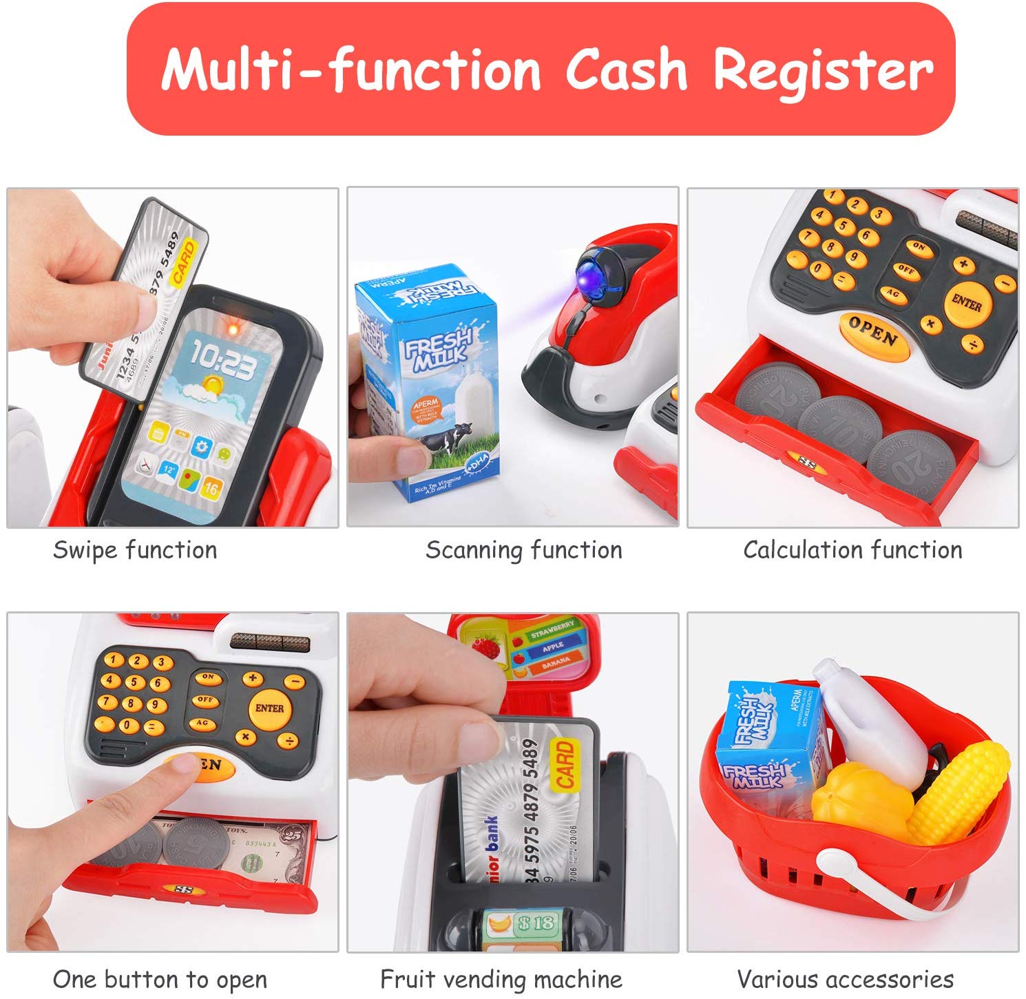 Victostar Toy Cash Register Till with Scanner, Supermarket Role Play ...