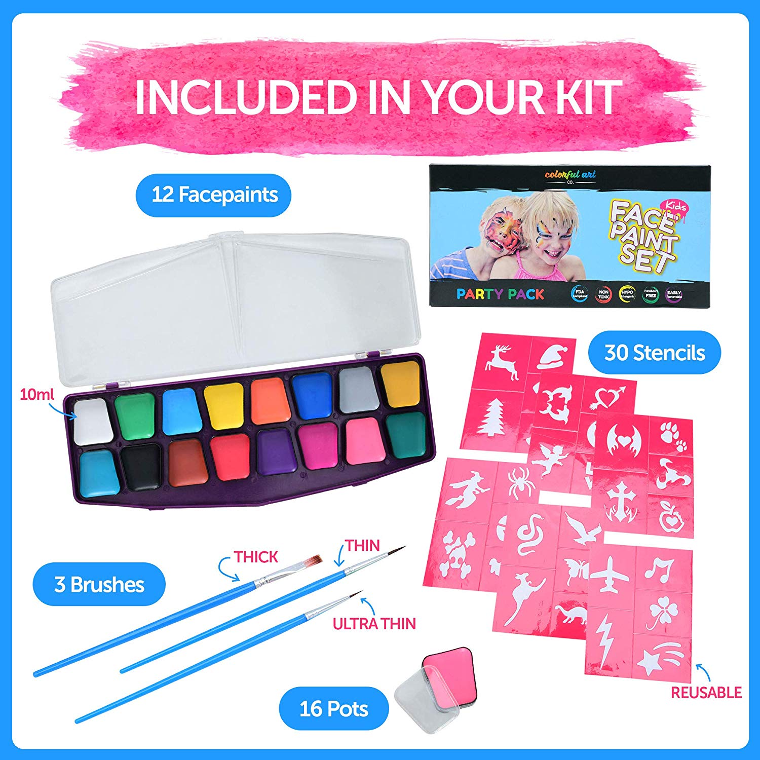 Colorful Art Co. Kids Face Paint Kit – Set of 16 Water-Based ...