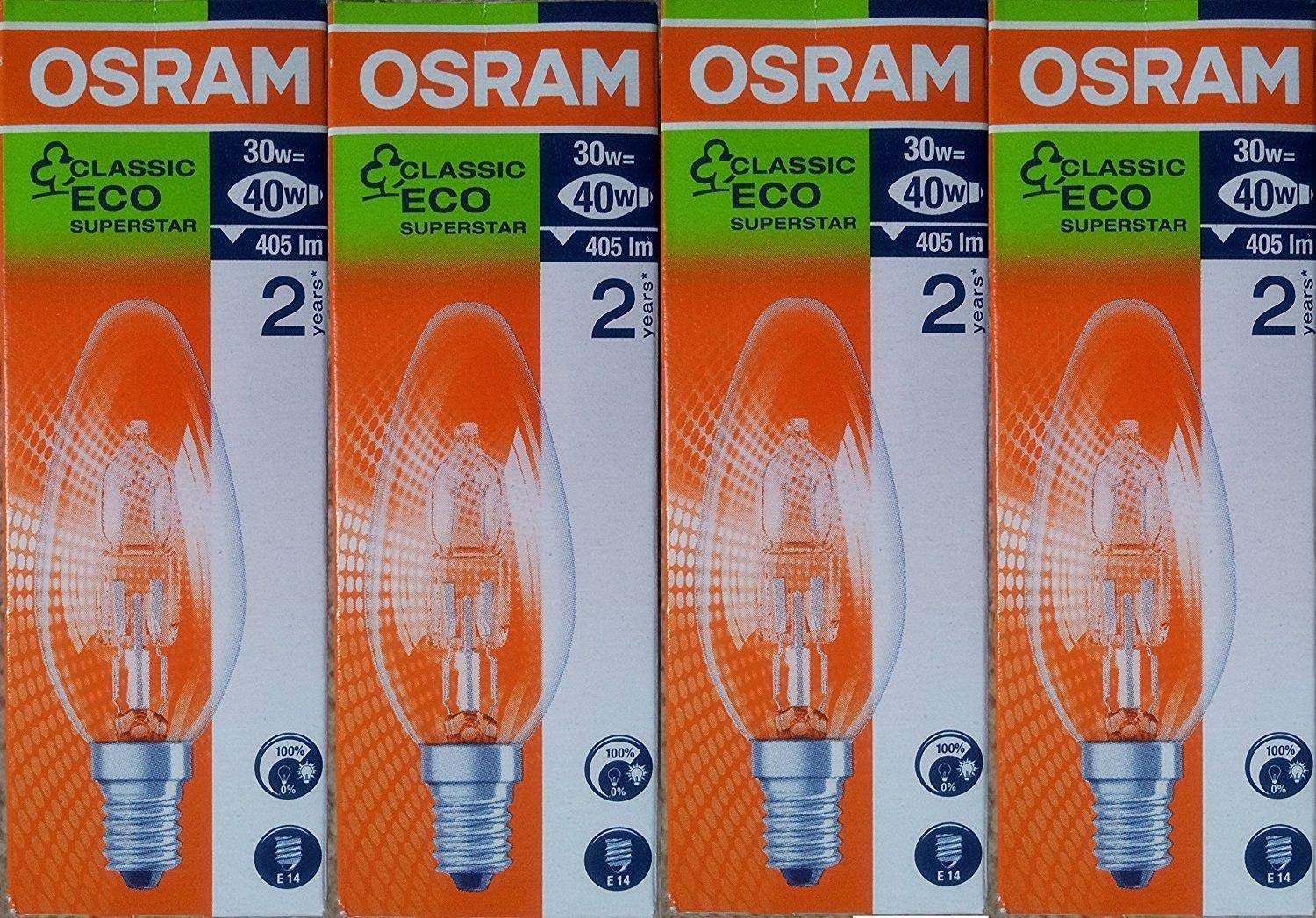 4 x OSRAM Classic Eco Superstar 30W (=40W) CANDLE SES E14 Halogen ...