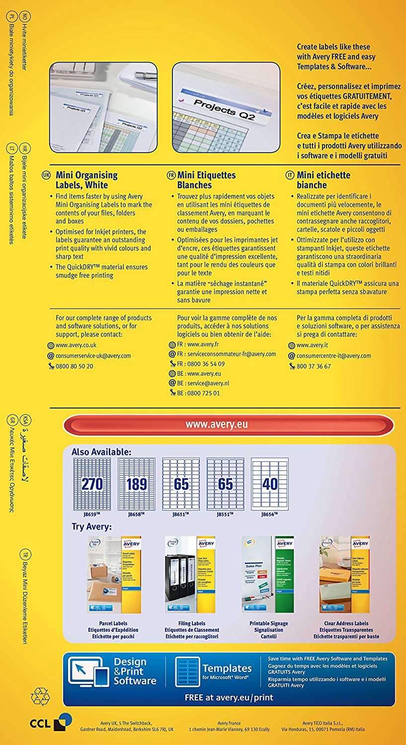 Avery J8658-25 Self-Adhesive Mini Filing Labels, 189 Labels Per A4 ...