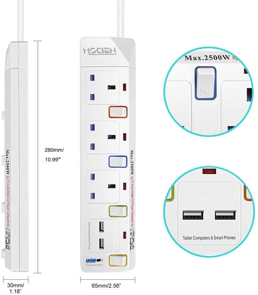 Mscien 3M Extension Lead with USB, 3 Way Sockets 2 USB with Individual ...