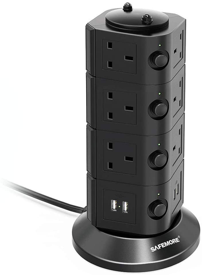 SAFEMORE Tower Extension Lead Individually Switched Plug Socket 14 ...