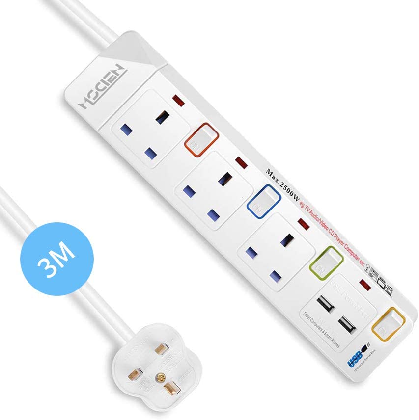 Mscien 3M Extension Lead with USB, 3 Way Sockets 2 USB with Individual ...