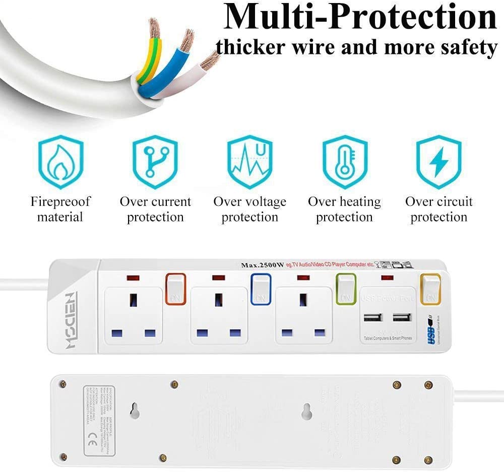 Mscien 3M Extension Lead with USB, 3 Way Sockets 2 USB with Individual ...
