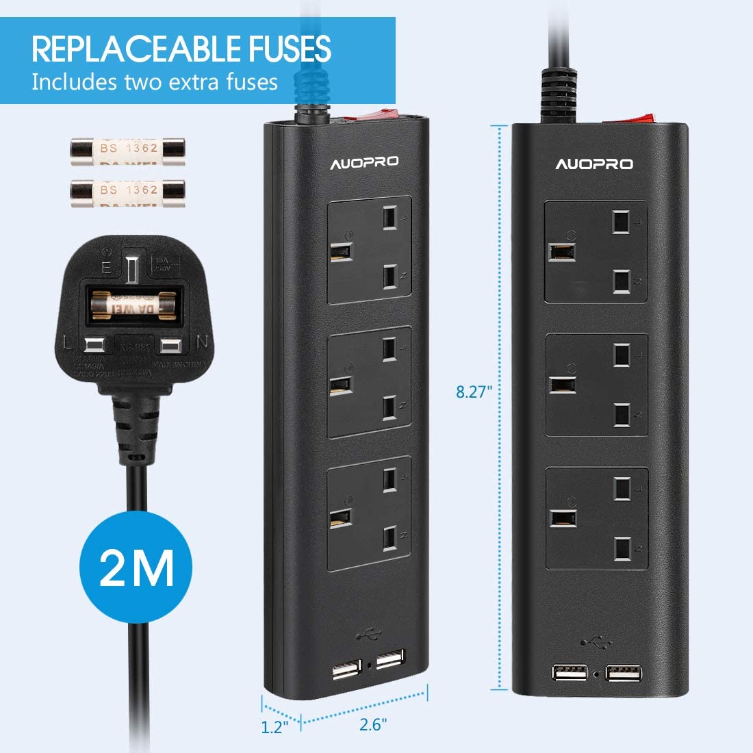 3 Gang Extension Lead with USB, Multi Plug Power Strip with 2M ... 3 Gang Extension Lead with USB, Multi Plug Power Strip with 2M ...