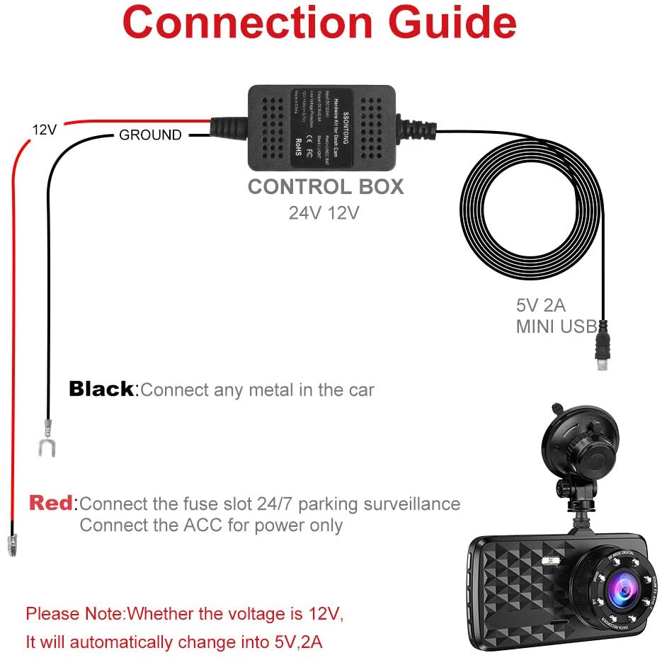 Dash Cam Hardwire Kit, Mini USB Port to Micro Port Power Cable Adapter ...