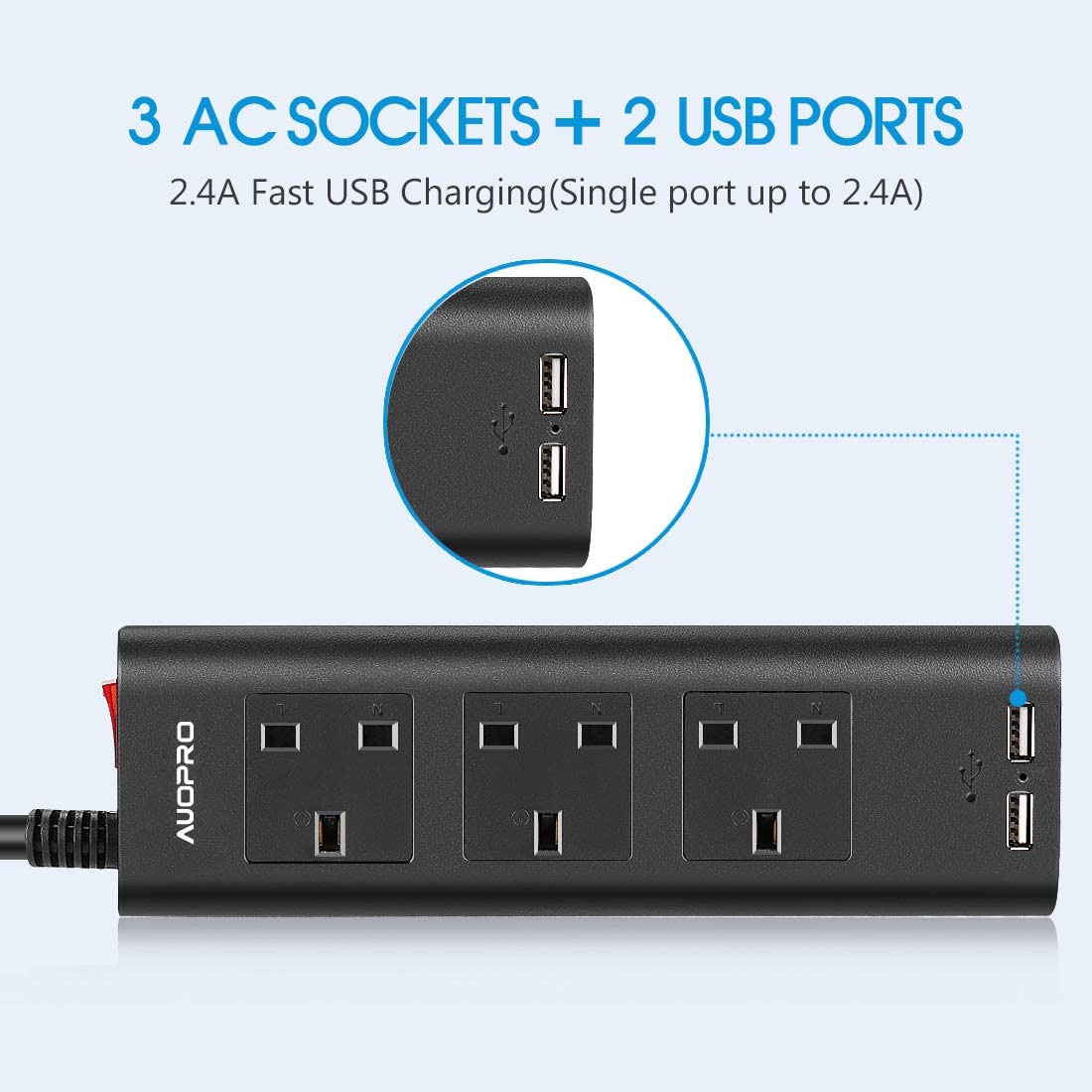 3 Gang Extension Lead with USB, Multi Plug Power Strip with 2M ...