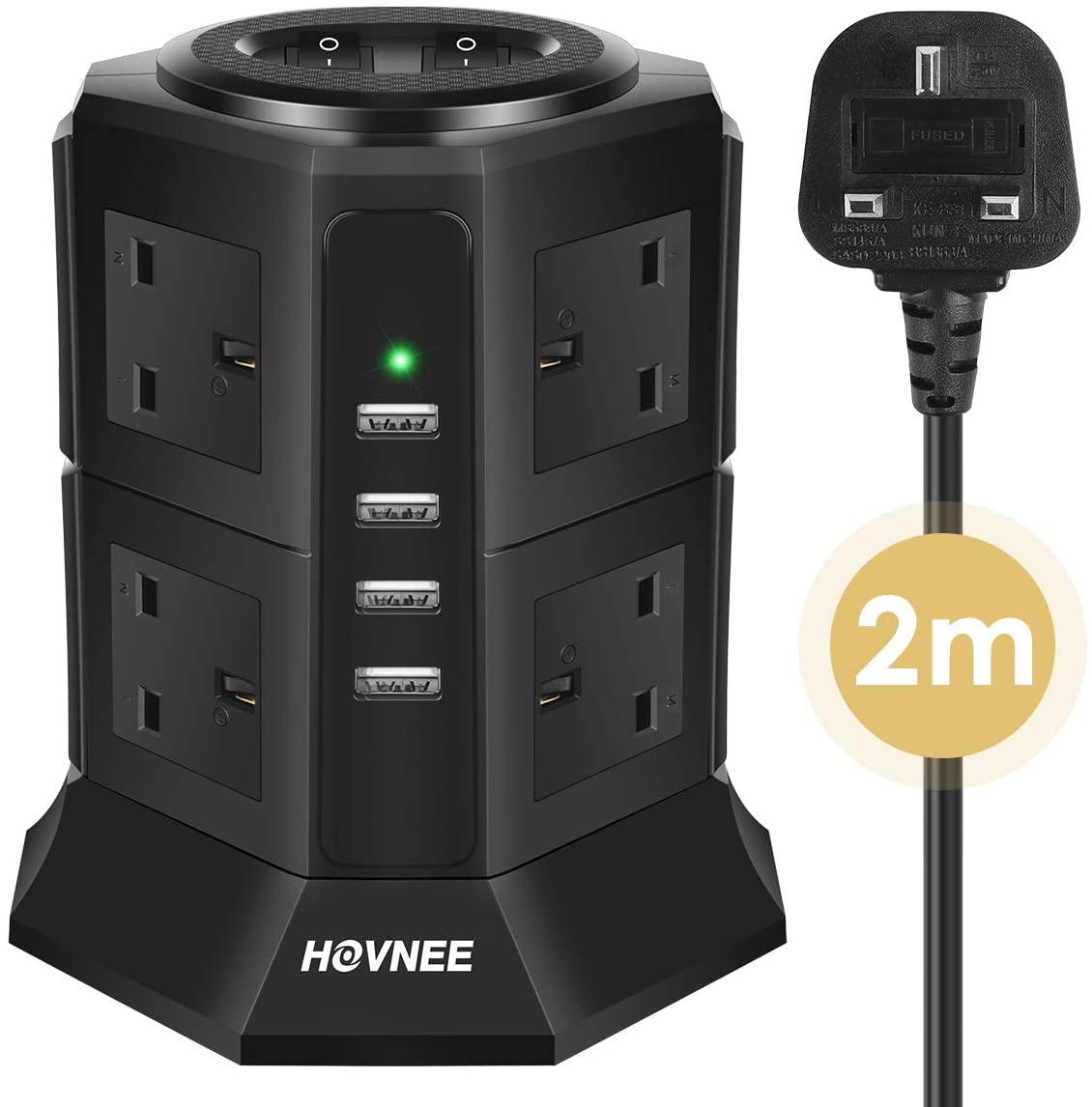 HOVNEE Power Strip 8 Way Tower Extension Lead with USB Slots, Tower ...