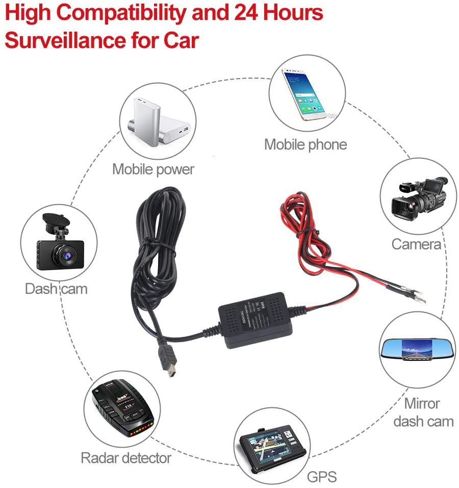 Dash Cam Hardwire Kit, Mini USB Port to Micro Port Power Cable Adapter ...