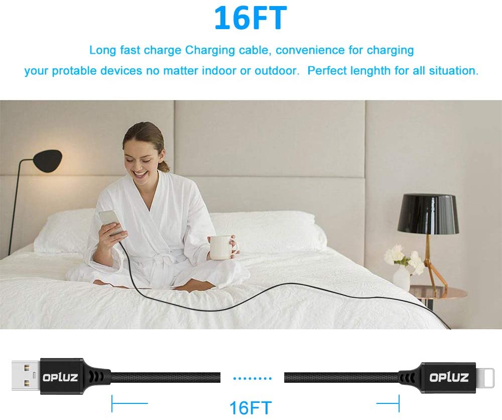 Phone Charger Cord 5M/16FT Extra Long Nylon Braided USB Charging ...