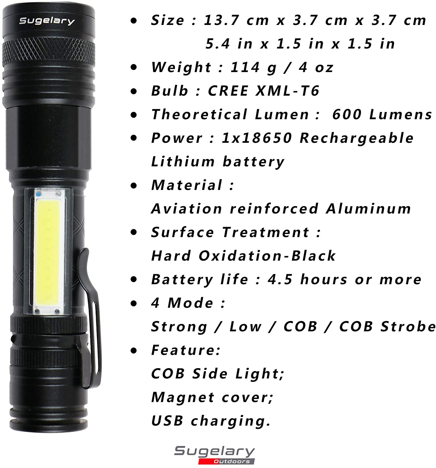 Tactical Flashlight, Sugelary USB Rechargeable LED Flashlight Taclight ...