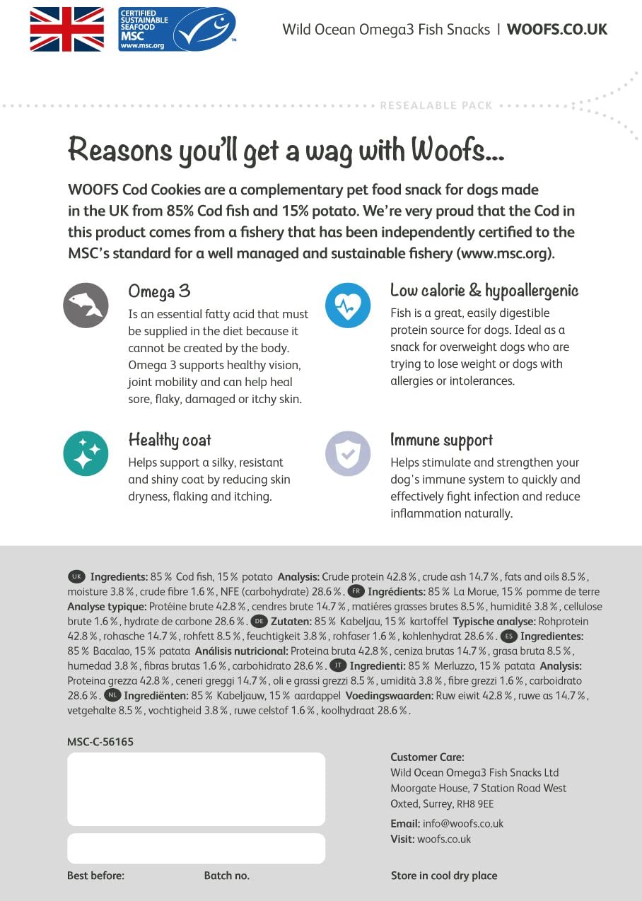 WOOFS Dog Treats, 150g Natural Cod Cookies made from 85% Cod and 15% Potatoe – Packed with Omega ...