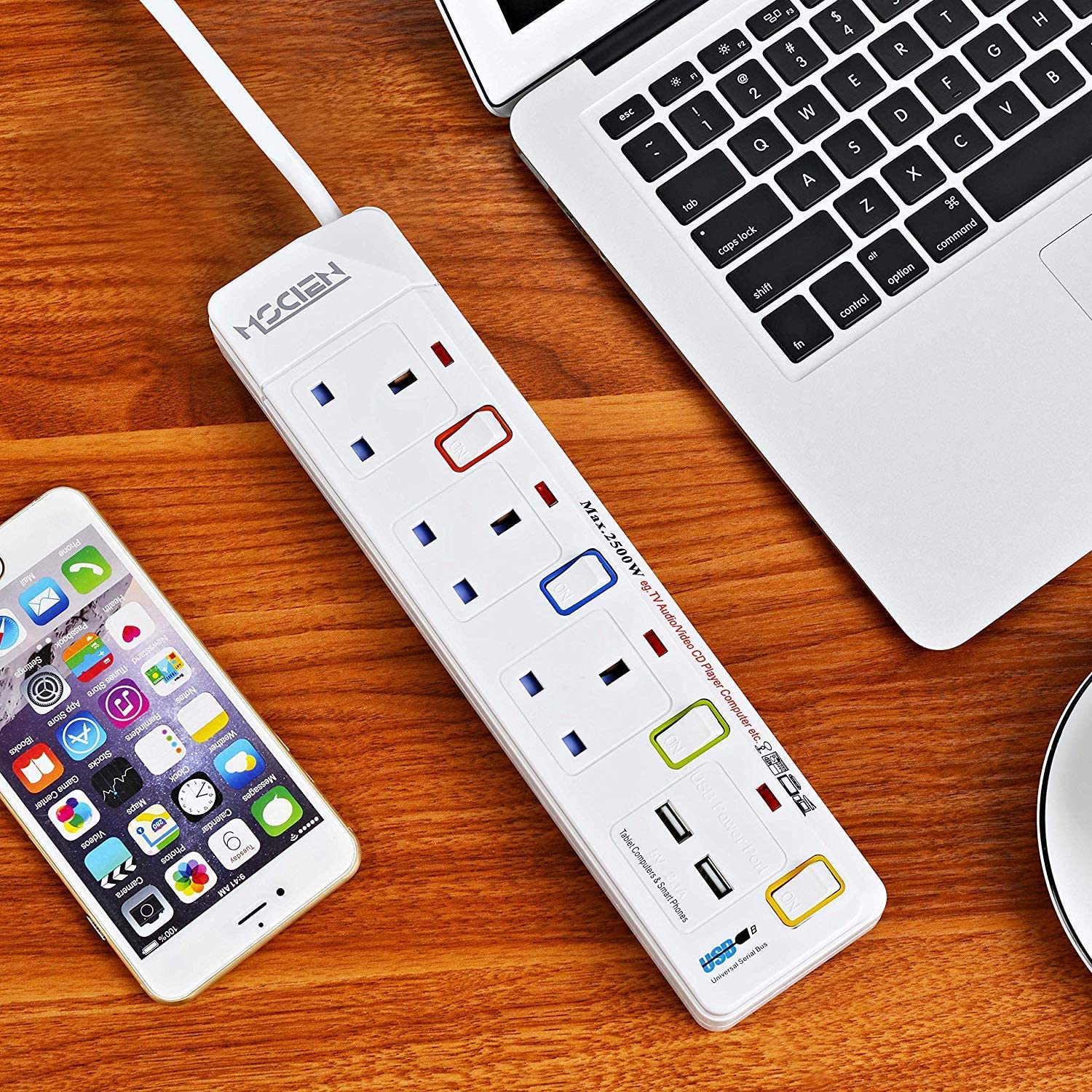 Mscien 3M Extension Lead with USB, 3 Way Sockets 2 USB with Individual ...