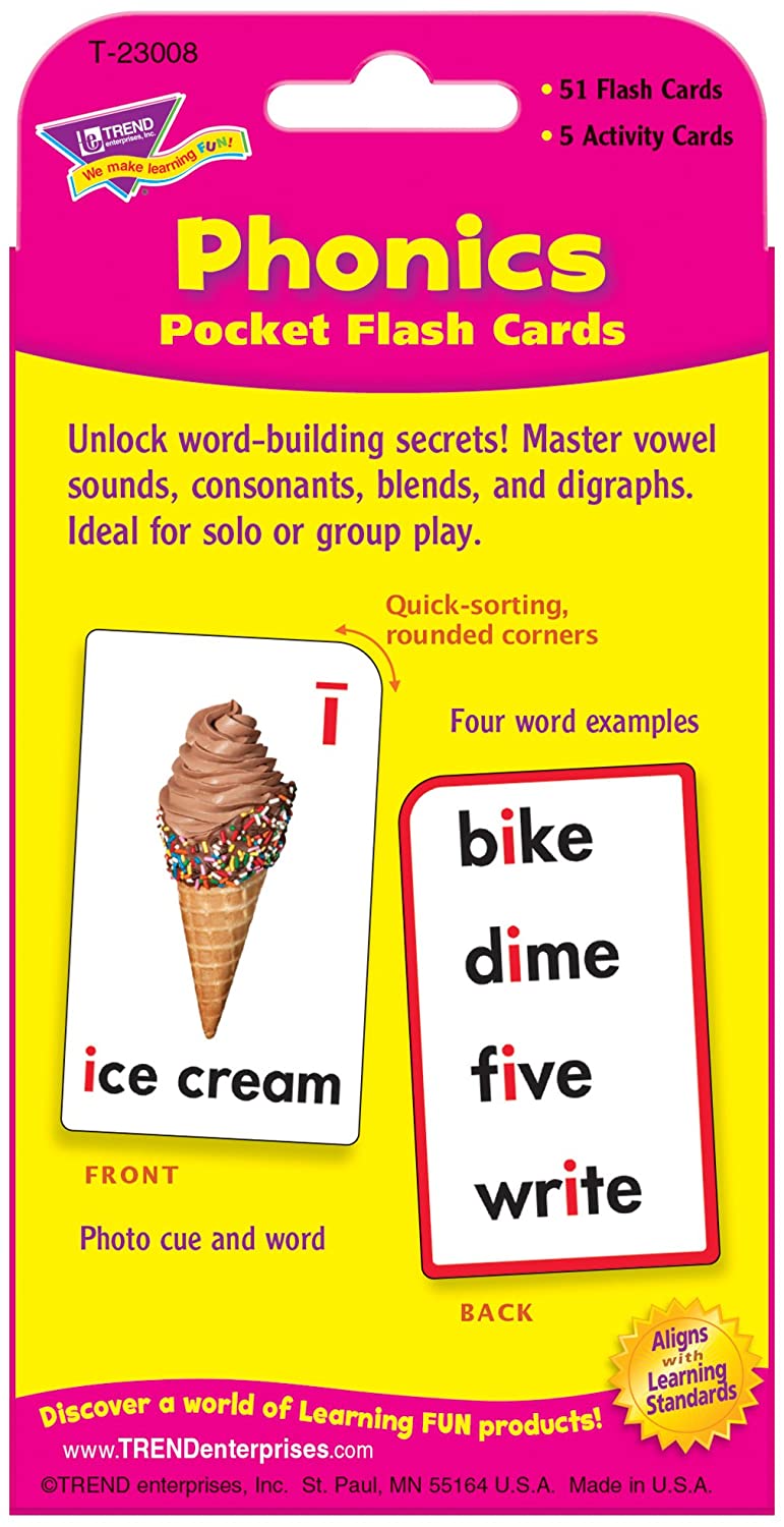 Trend T-23008 56-Piece 8 x 13 cm Phonics Pocket Flash Cards, White ...