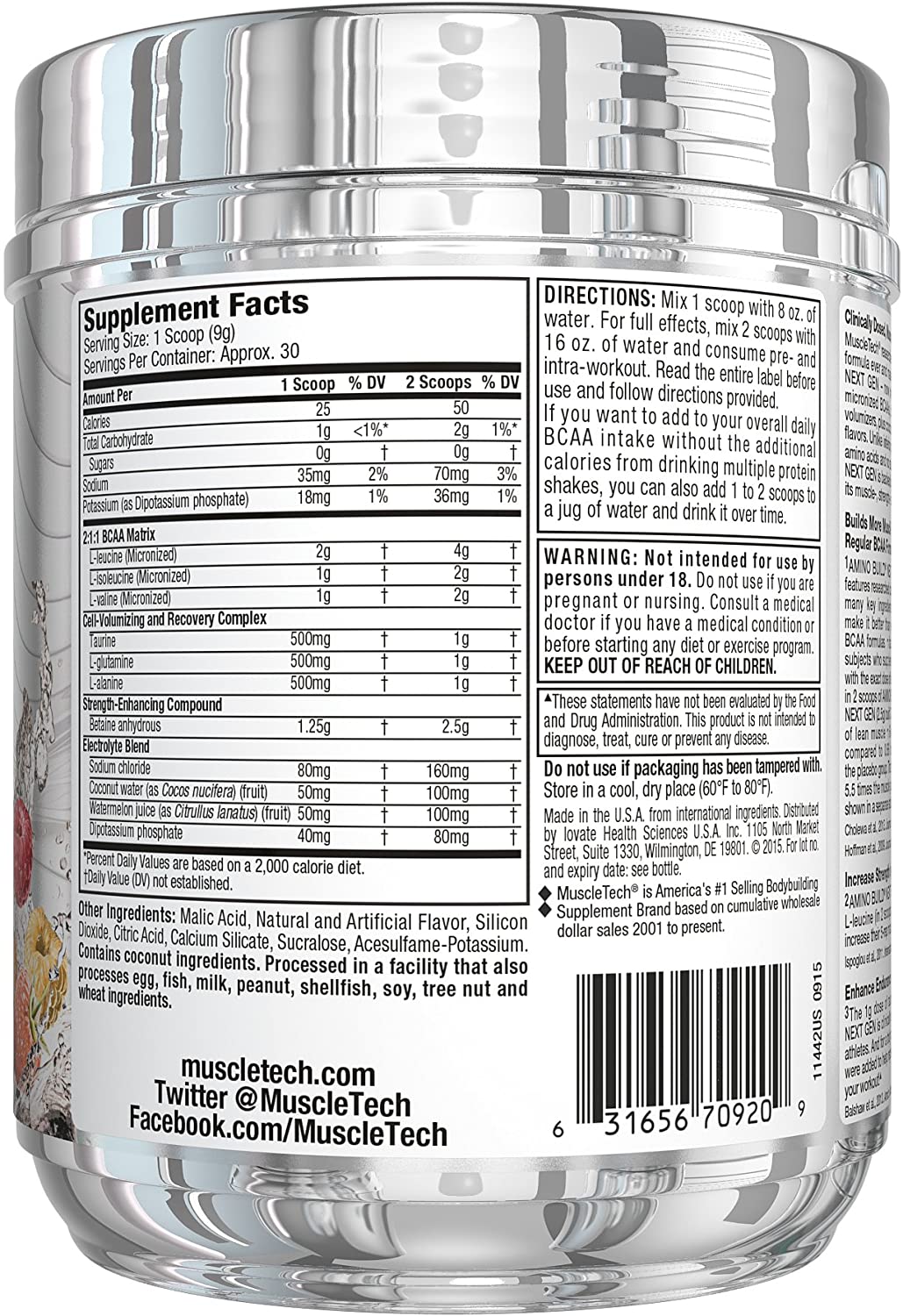 BCAA Amino Acids and Electrolyte Powder, MuscleTech Amino Build, 7g of ...