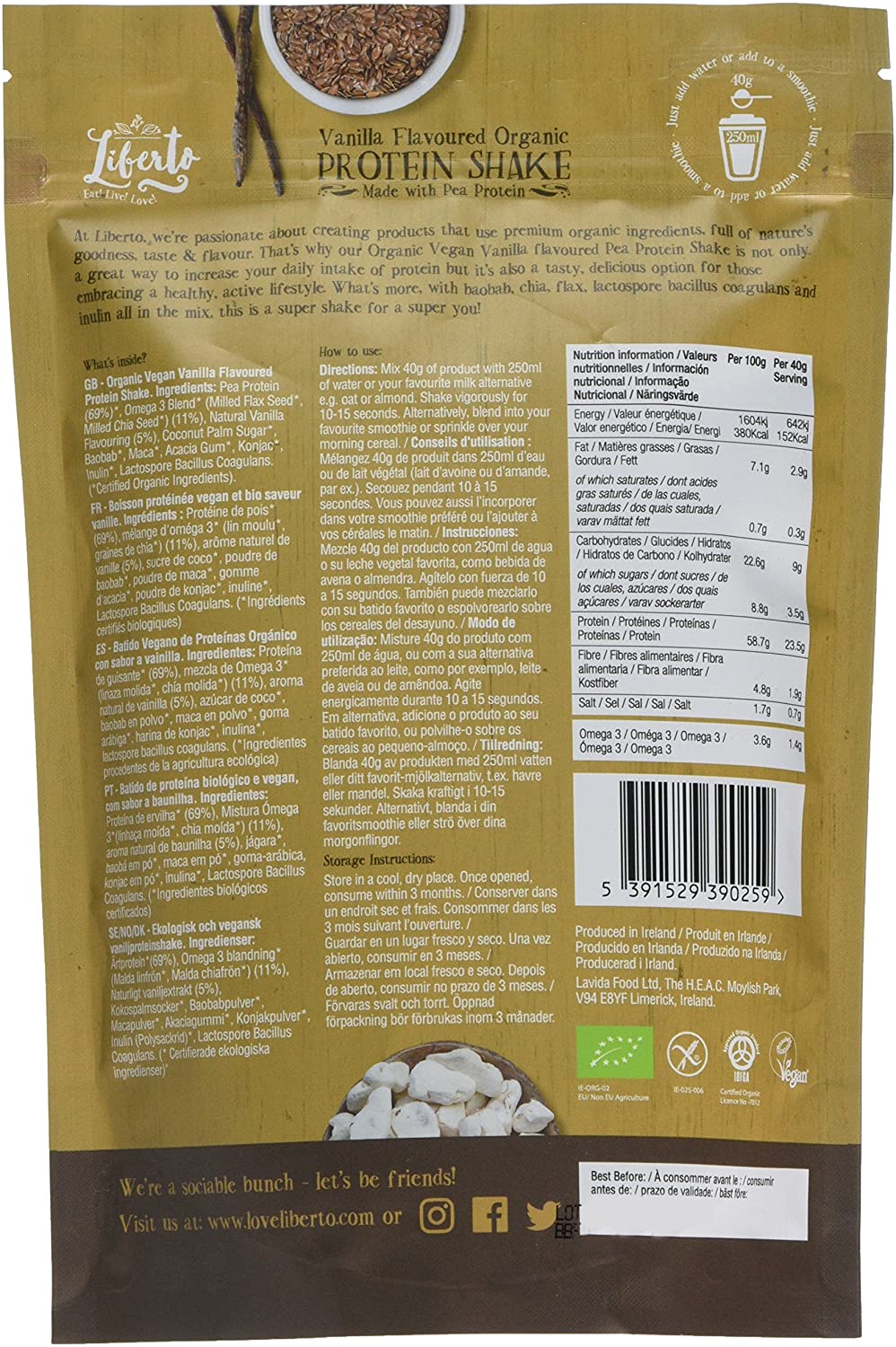 Liberto Organic Vegan Vanilla Protein Shake 280g (7 Servings) – BigaMart