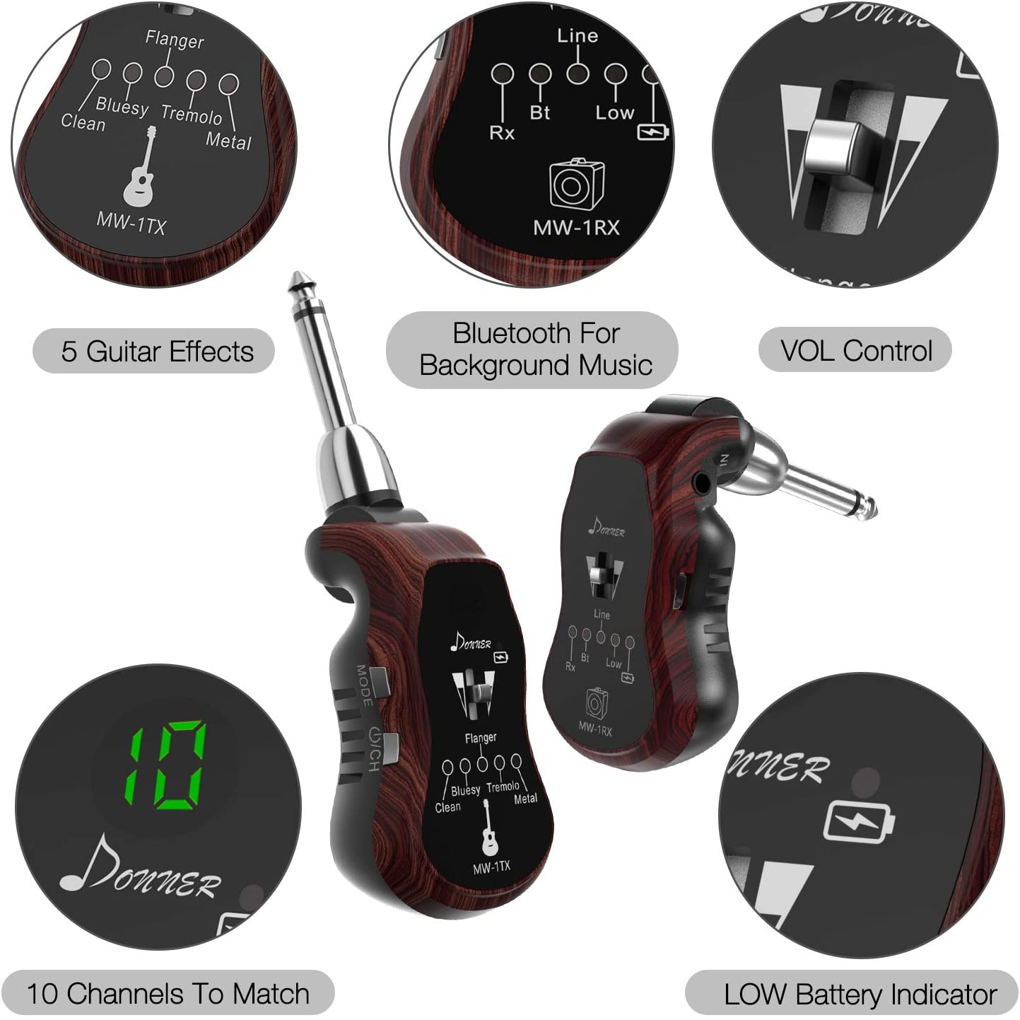 Donner MW-1 Rechargeable UHF Wireless Guitar System with Multifunction ...