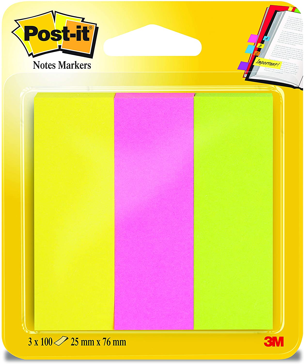 Post-it 36339 Paper Page Marker, 25 x 76 mm, 3 Neon Colours, Yellow ...