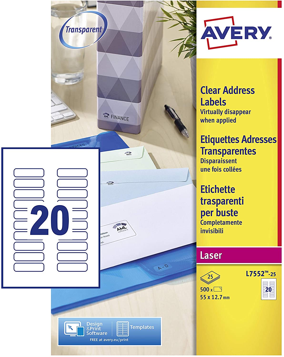 Avery Self Adhesive Clear Address Mailing Labels, Laser Printers, 20 ...
