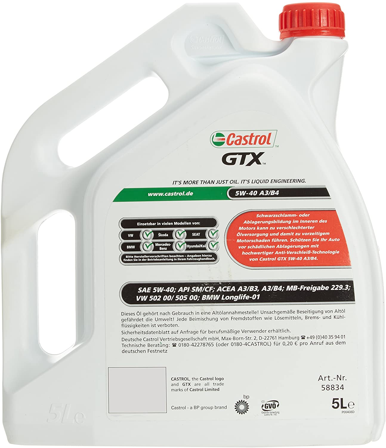 Castrol GTX High Mileage Engine Oil 5W-40 A3/B4 5L (German label ...